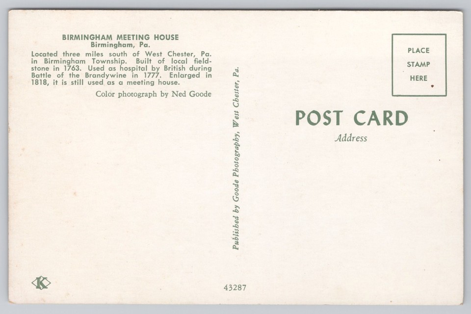 Birmingham Meeting House Birmingham Pennsylvania PA Postcard | eBay