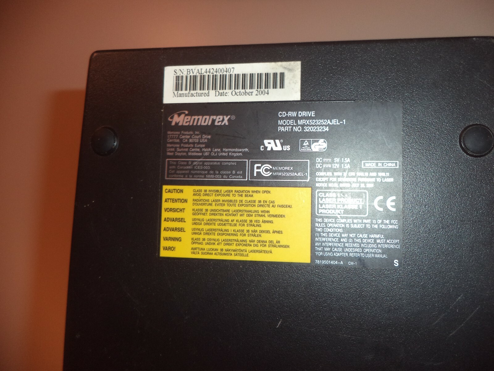 MEMOREX MRX523252AJEL-1 CD RW DRIVE ! USED ! UNTESTED ! AS IS ! NO ...