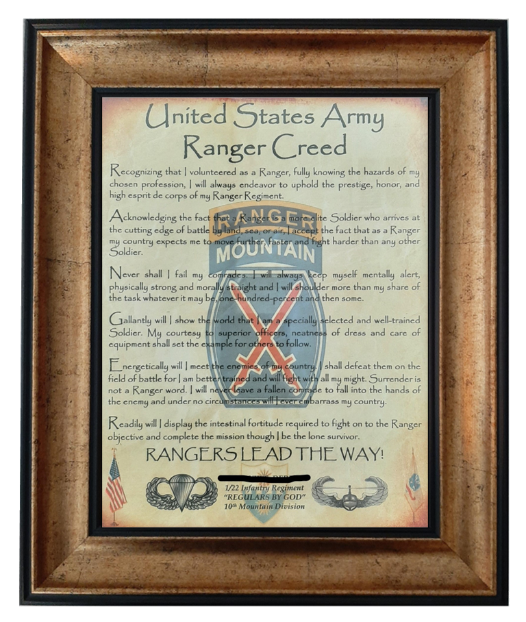 MC-BETTER (V): ARMY Ranger Creed ALL UNITS Aged Parchment Framed PERSONALIZED | eBay