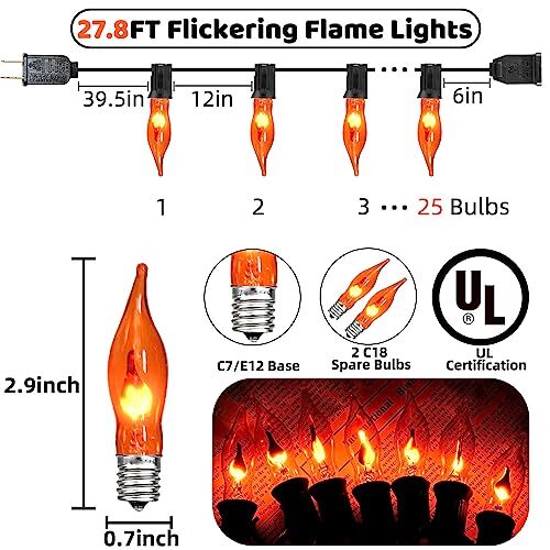 27.8Ft Halloween Lights - Flickering Flame String Lights with 25 27.8FT ...