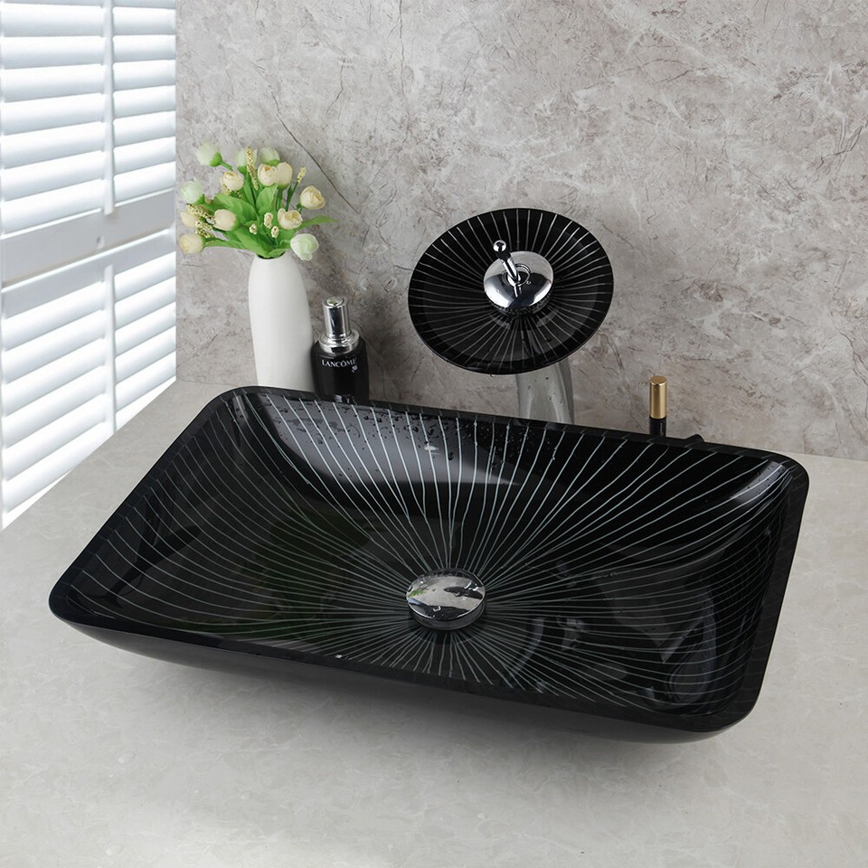 Black Tempered Glass Bathroom Basin Bowl Container Vessel With Mixer ...
