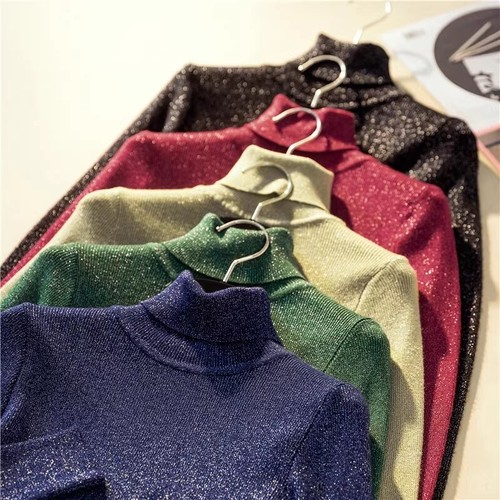 Ladies Knitted Solid Sweater Plain Top Glitter High Neck Jumper ...