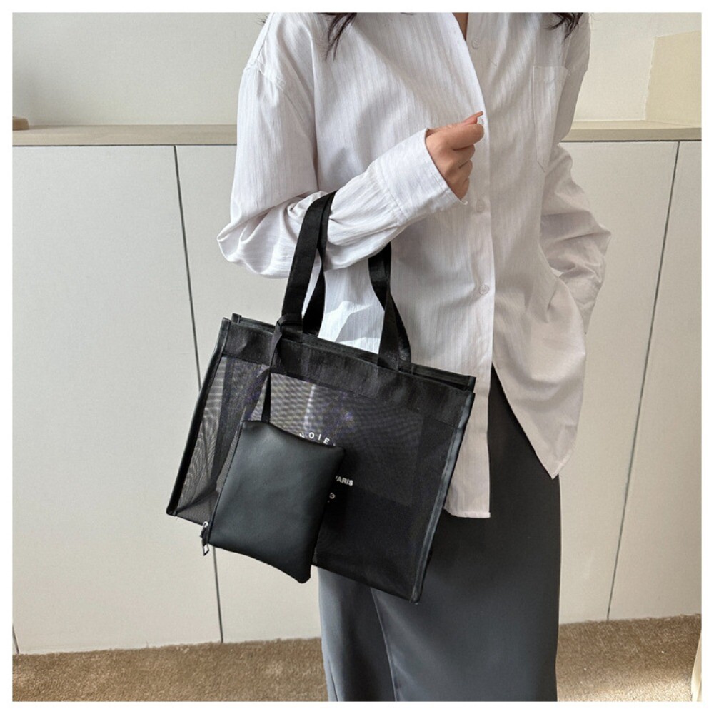 Polyester Transparent Mesh Totes Bags Wear Resistant Black Crossbody ...