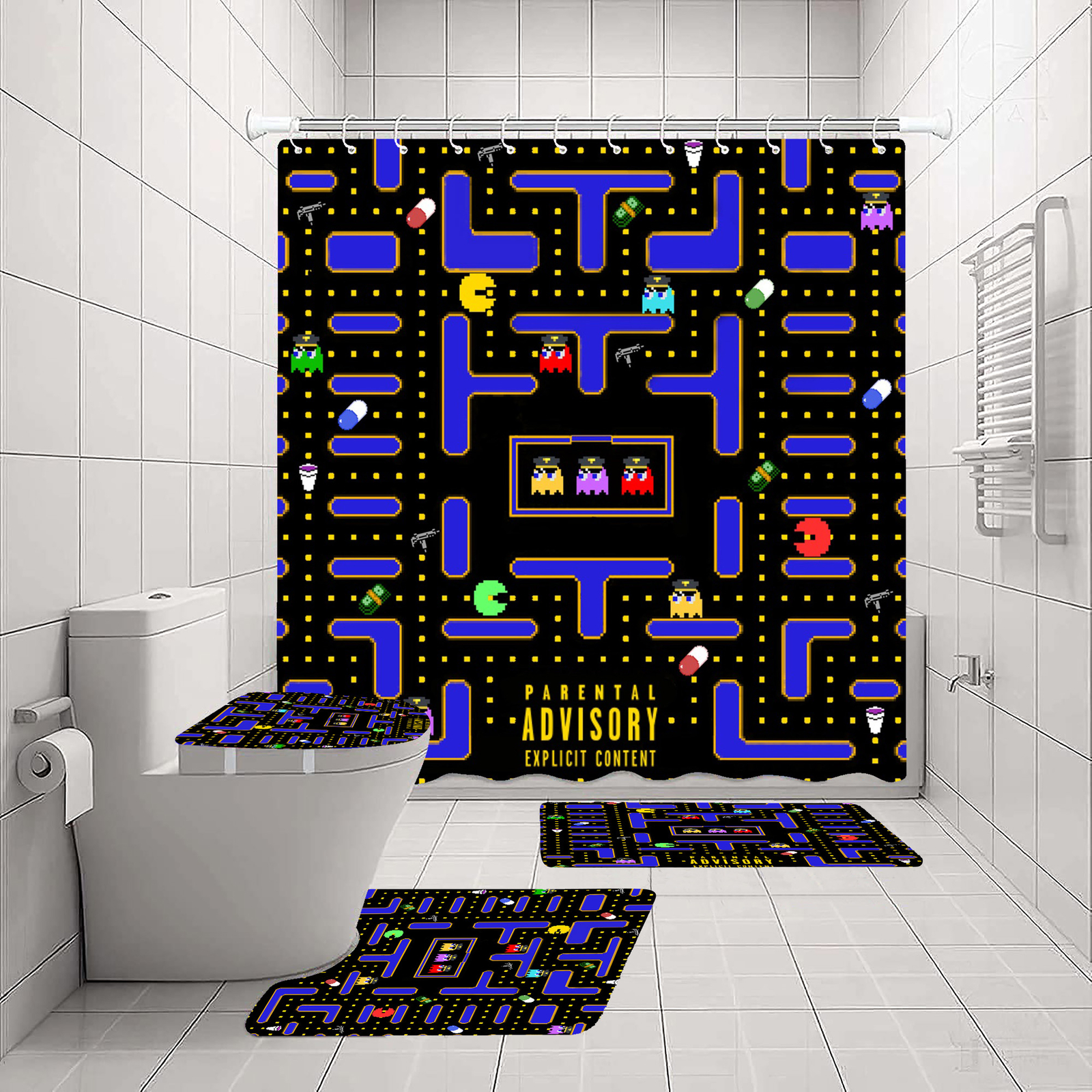 Cartoon Pac Man Game Print Shower Curtain Toilet Lid Cover Bath Mat Rug ...