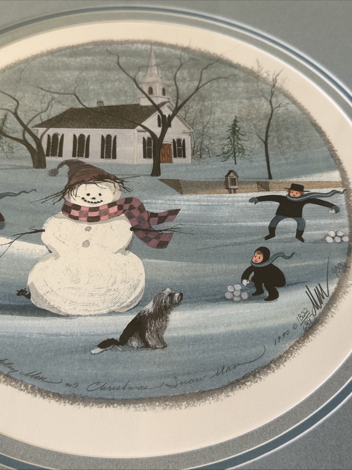 1990 Christmas Snowman PAT BUCKLEY MOSS Signed & Framed Print CHRISTMAS ...