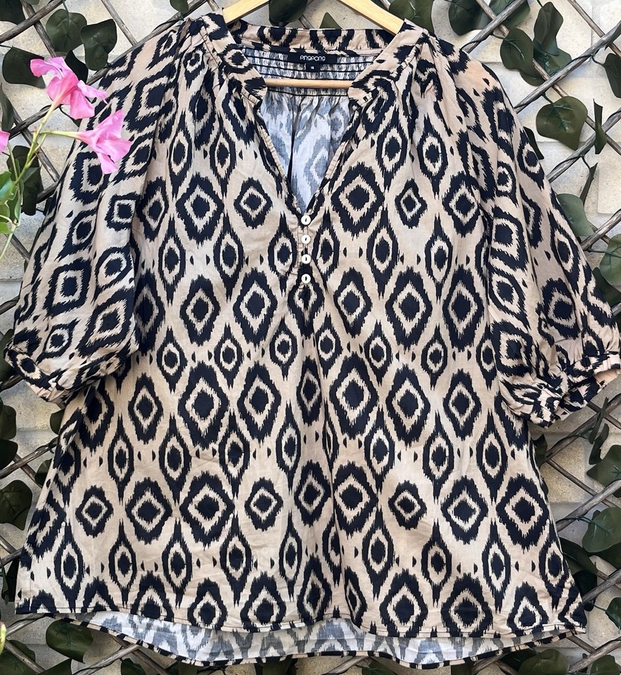 Ping Pong Blouse Top Sz 16 X Tan Black Geometric 1/2 Puff Sleeve 100% ...
