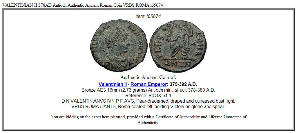 VALENTINIAN II 378AD Antioch Authentic Ancient Roman Coin VRBS ROMA ...