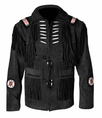 Men Western Cowboy Suede Fringe Jacket Beaded Native American Leather ...