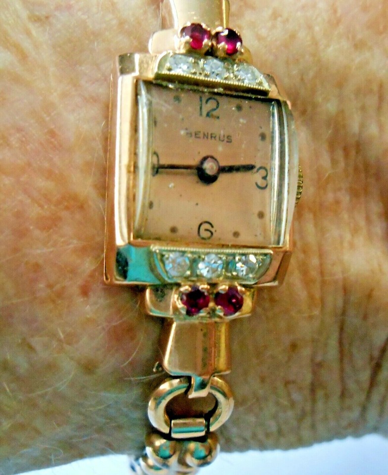Rare Benrus 14K Pink Gold Woman's 17J Wristwatch Set With Diamonds And ...