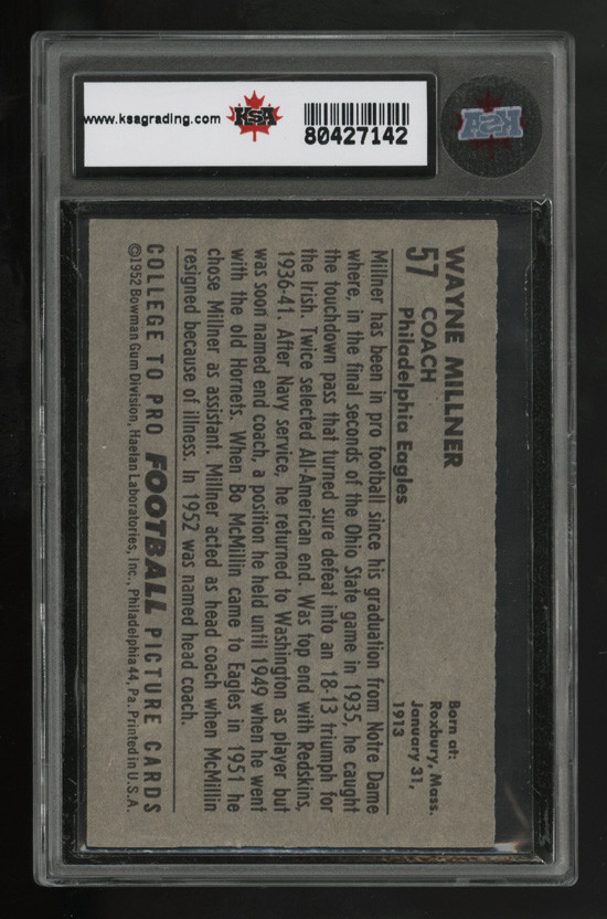 1952 BOWMAN LARGE ~ #57 ~ WAYNE MILLNER ~ PHILADELPHIA EAGLES ~ HOF RC ...