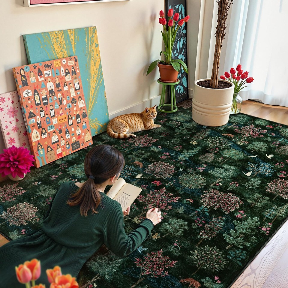 Forest Print Washable 8x10 Area Rugs, Dark Green Rugs for Living Room ...