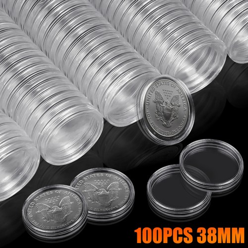 100pcs 38mm Coin Storage Holder Box Capsules Clear Round Display Case ...