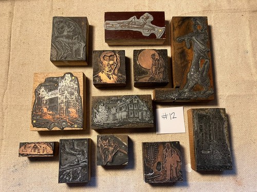 12x VINTAGE METAL on WOOD HISTORIC PRINTING BLOCKS LETTERPRESS ...