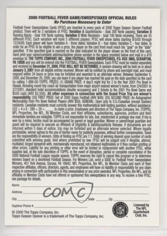 2000 Season Opener Football Fever Sweepstakes Peyton Manning (November ...