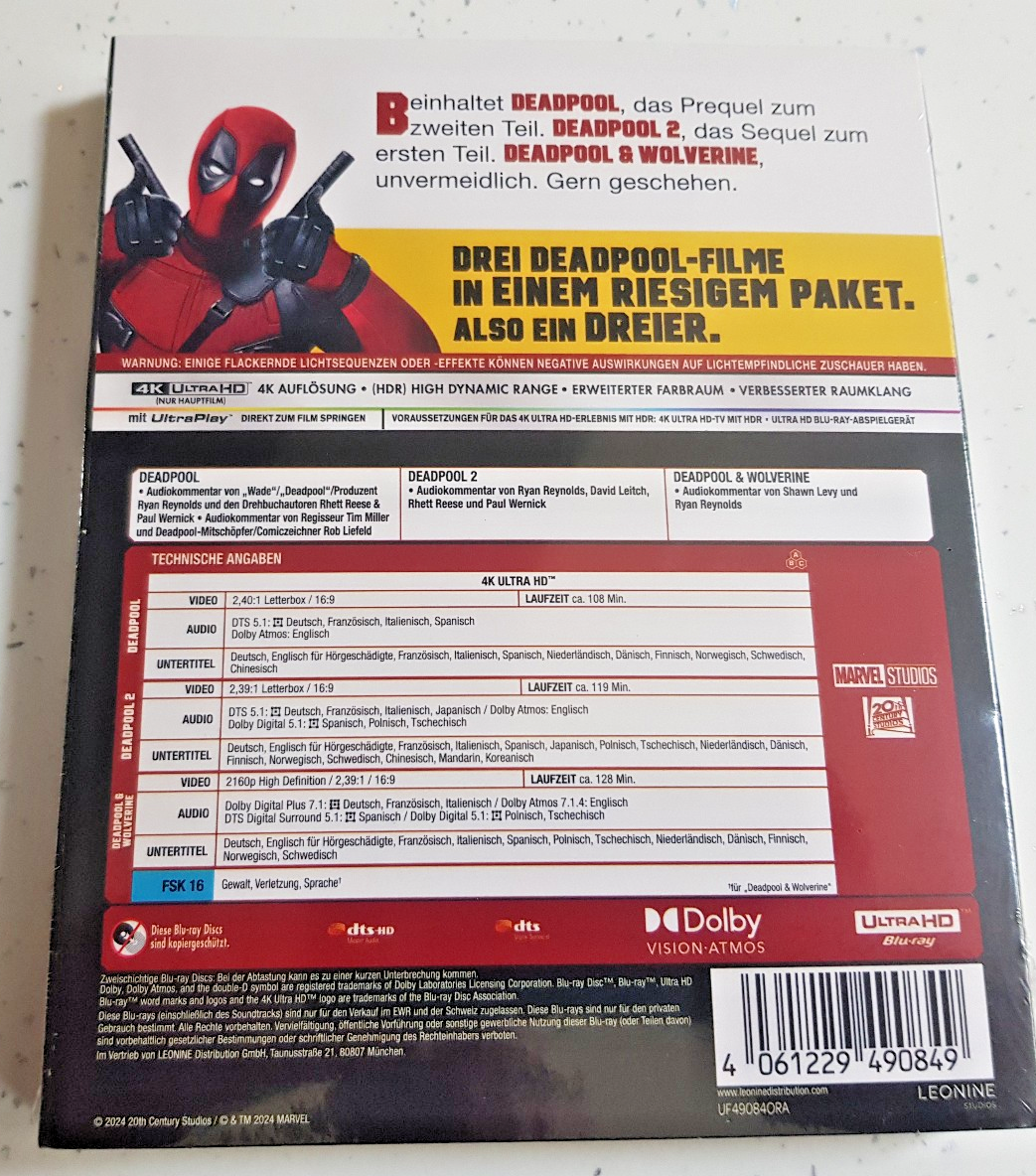 Deadpool 3 Film Collection- 4K Ultra HD Blu Ray - New & Sealed German ...