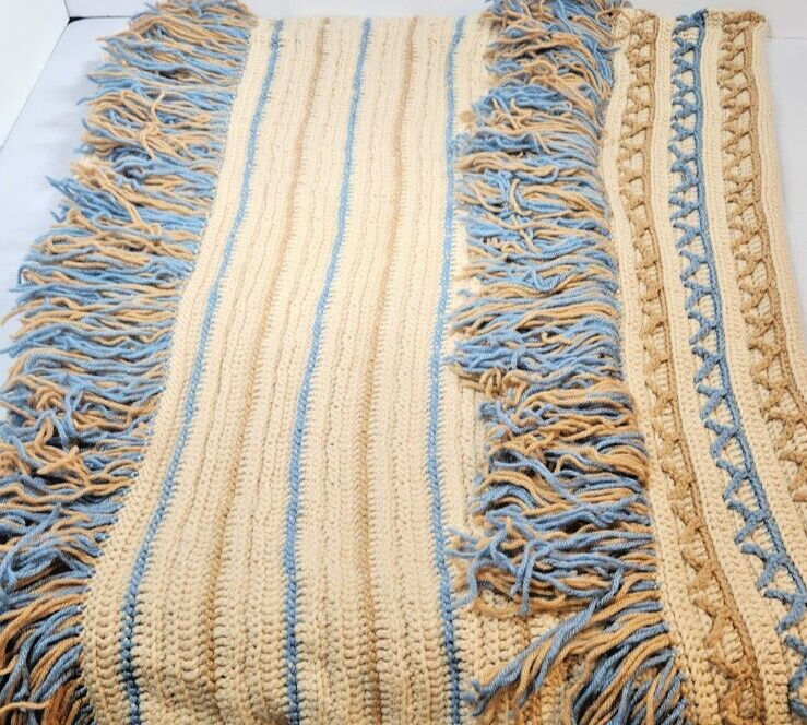 Crocheted Afghan Blue Tan Farmhouse Cottagecore Double Side 82x38 ...