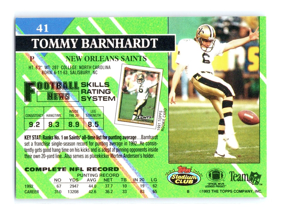 1993 Stadium Club Football #41 Tommy Barnhardt New Orleans Saints | eBay