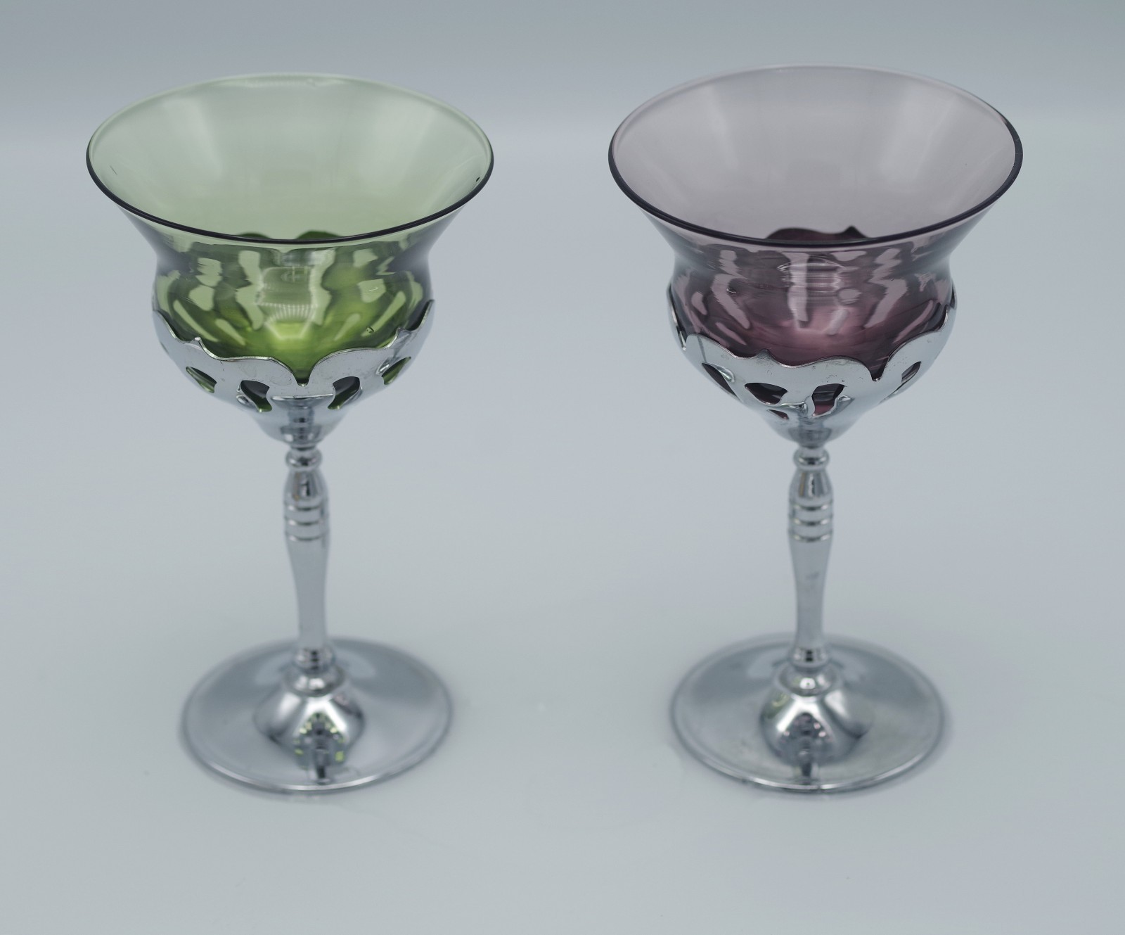 ART DECO CAMBRIDGE GLASS KROME KRAFT AMETHYST AND GREEN SET OF 2 WINE ...