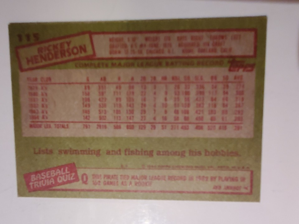 RICKEY HENDERSON Athletics 1985 TOPPS Baseball Card #115 Yellow Circles ...