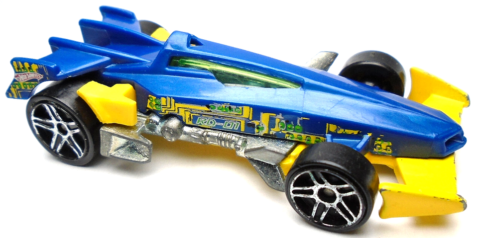 2009 HOT WHEELS RD-01 BLUE 1:64 DIECAST 2 3/4" CAR WITH YELLOW GREEN ...