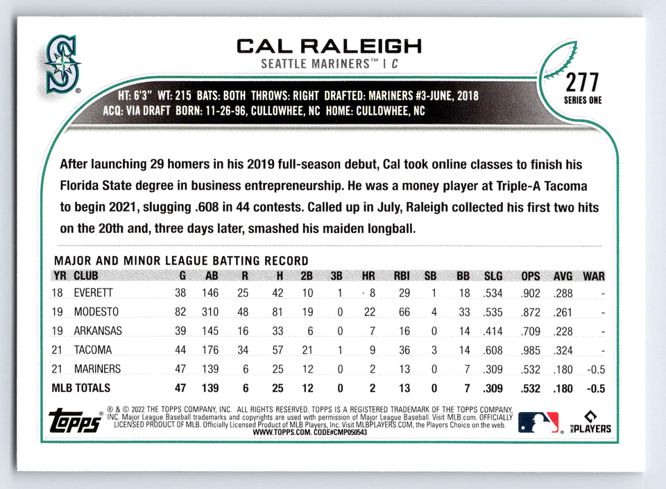 CAL RALEIGH RC 2022 Topps Series 1 #277 Seattle Mariners ROOKIE ...