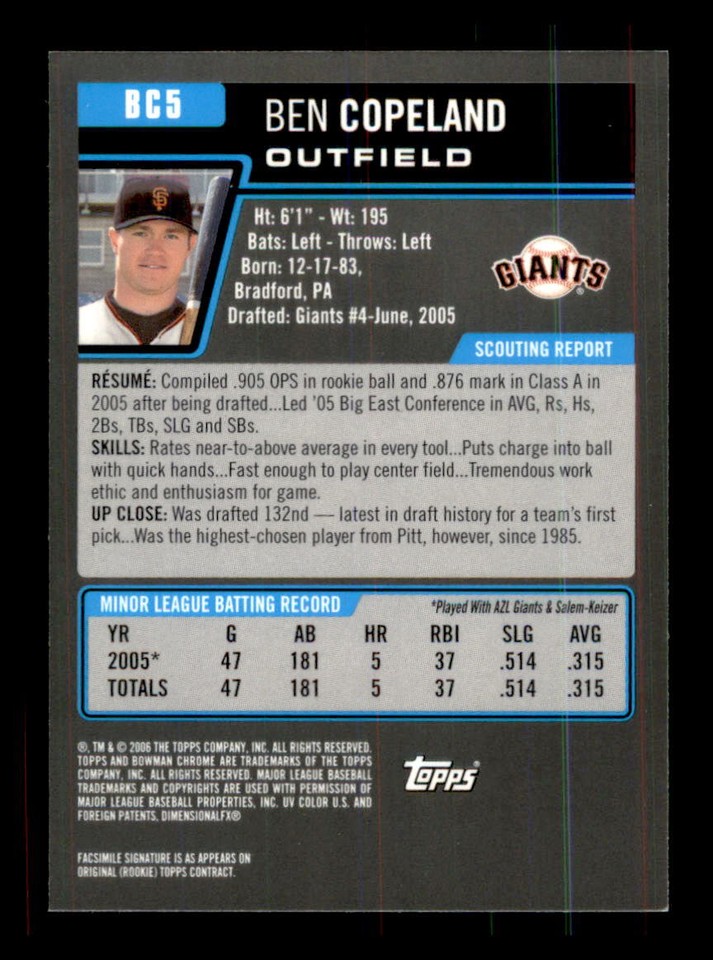 2006 Baseball Bowman Chrome Ben Copeland San Francisco Giants #BC5 | eBay