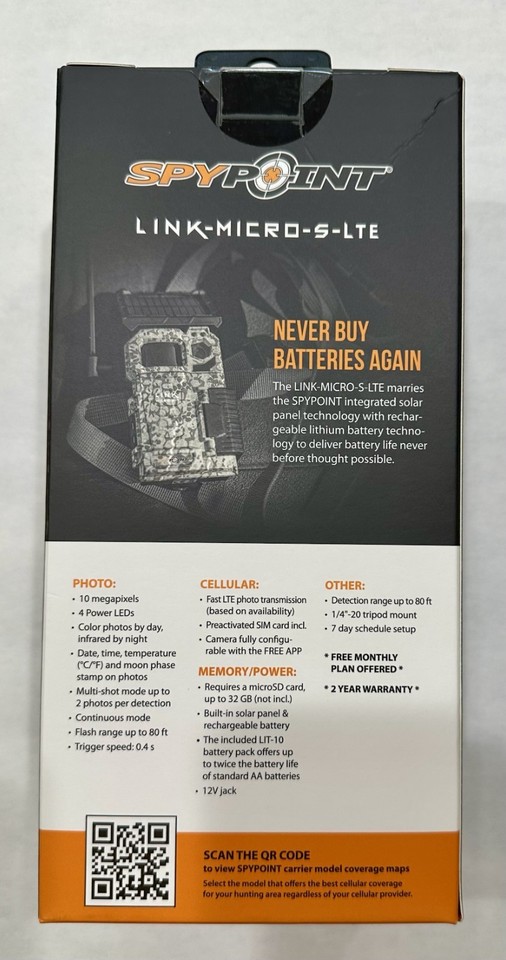 SPYPOINT LINK-MICRO-S-LTE-V Solar Cellular Trail Camera LIT-10 Battery ...