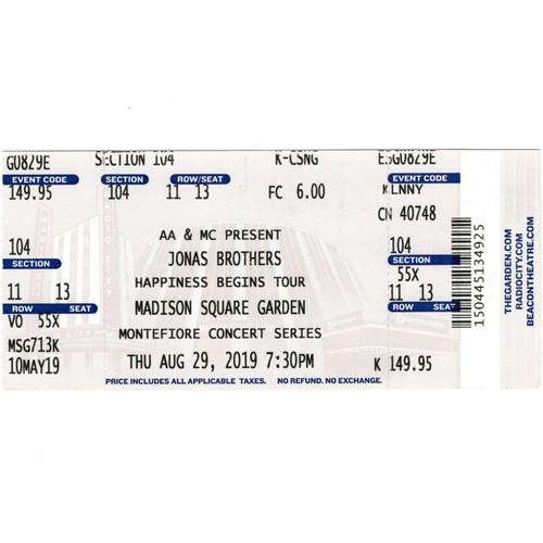 JONAS BROTHERS & BEBE REXHA Full Concert Ticket Stub NEW YORK 8/29/19 ...
