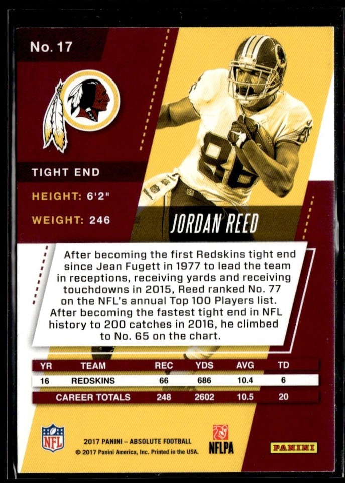 2017 Panini Absolute Jordan Reed Washington Redskins #17 | eBay