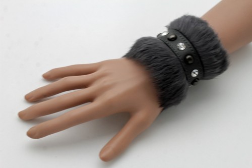 Women Fashion Jewelry Wide Bracelet Grey Faux Fur Pewter Studs Silver ...