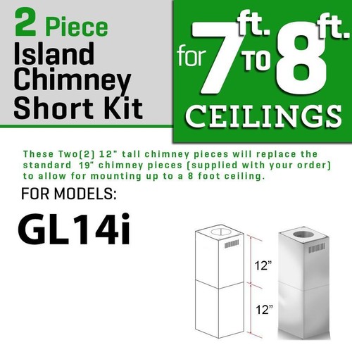 ZLINE SHORT CHIMNEY KIT ISLAND RANGE HOOD under 8 FT ceiling GL14i ...