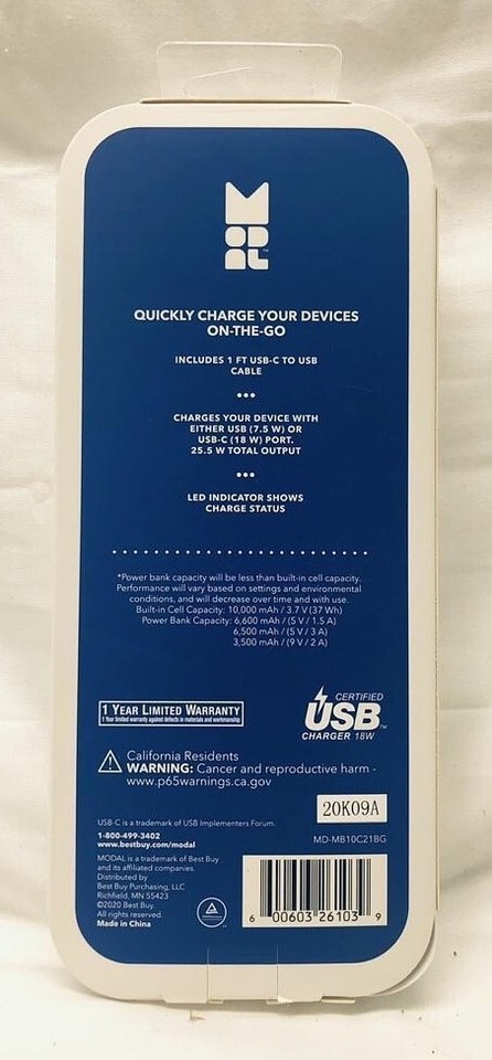 NEW Modal 10,000mAh BLUE Portable Charger Power USB Bank for iPhone XS ...