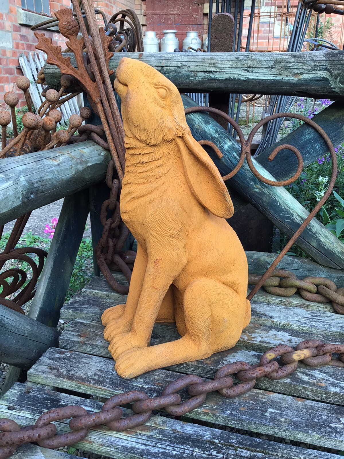 RUSTY COLD CAST IRON LARGE MOONGAZING HARE RABBIT STATUE GARDEN ...