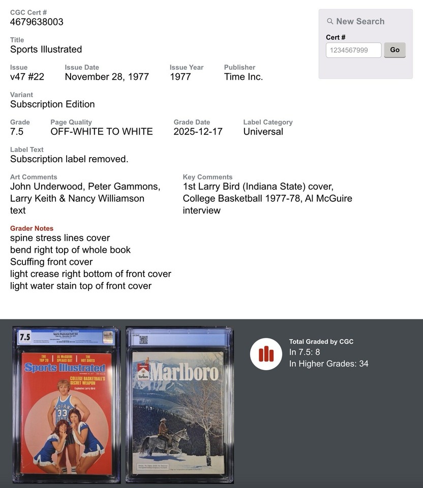 1977 Larry Bird Sports Illustrated CGC 7.5 1st first Cover Label ...