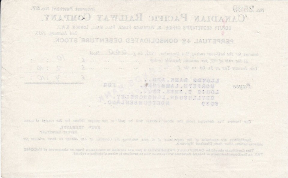CANADIAN PACIFIC RAILWAY COMPANY,London 1933 Consolidated Stock Receipt ...