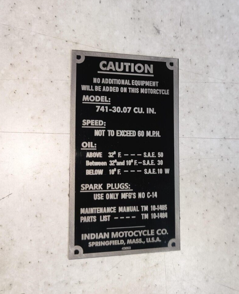 INFORMATION PLATE/PLAQUE, operating limits for INDIAN 741 MOTORCYCLE ...