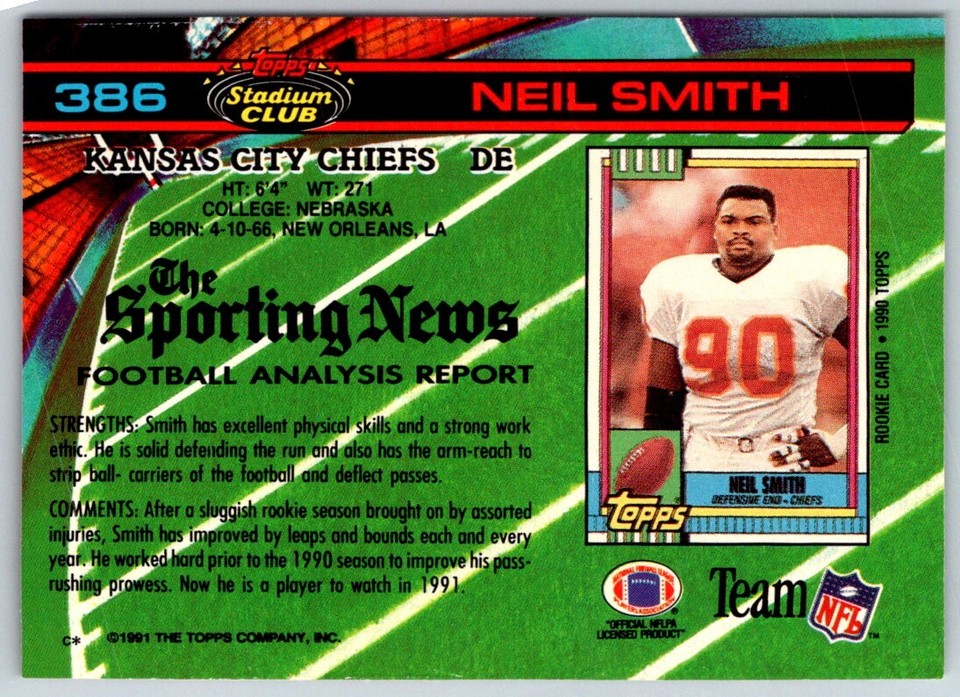1991 Stadium Club Neil Smith #386 Kansas City Chiefs Football Card | eBay