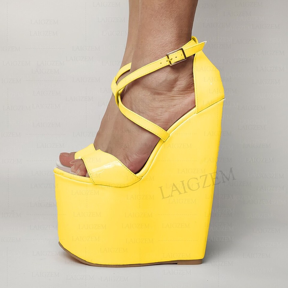 Women Sandals Platform Wedges Shiny Open Toe 20CM High Heels Pumps ...