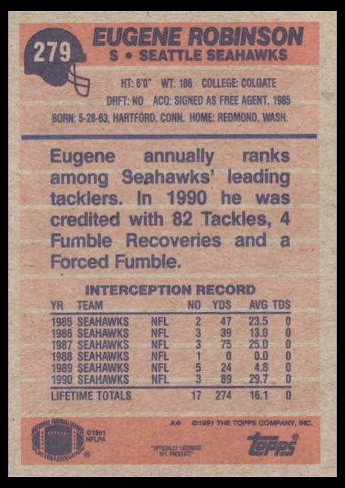1991 Topps #279 Eugene Robinson Seattle Seahawks Football Card | eBay