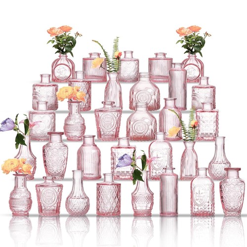 Glass Bud Vases Set of 32 - Pink Assorted Small Mini Glass Vases for ...