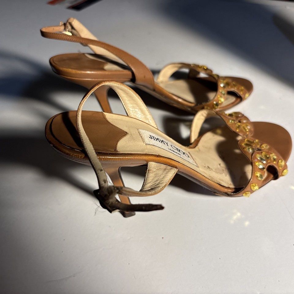 Jimmy Choo Rumer Brown Leather Beaded Slingback Sandals Strappy Heels ...