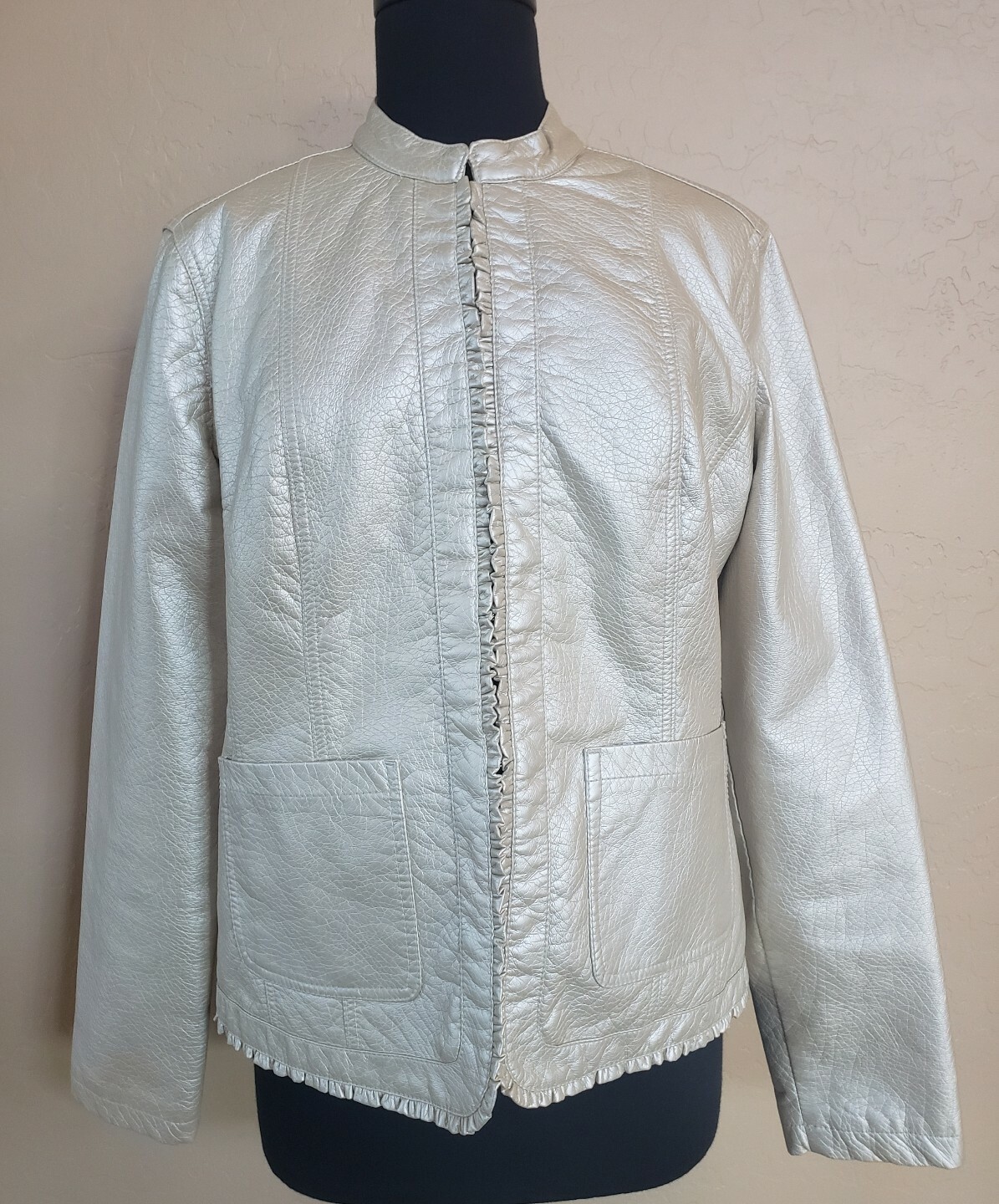 Womens CATO Ivory Gold Metallic Ruffle Faux Leather J… - Gem