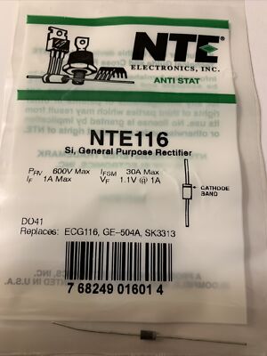 NTE116 GENERAL PURPOSE RECTIFIER Si PRV=600V IF=1A DO-41 | eBay
