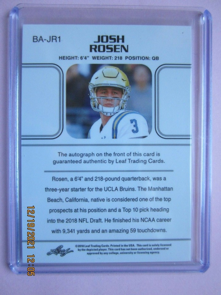 JOSH ROSEN 2018 Ultimate Leaf Draft #BA-JR1 RC Rookie Card Autograph ...