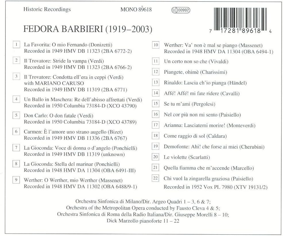 Fedora Barbieri: Lebendige Vergangenheit - CD 717281896184| eBay