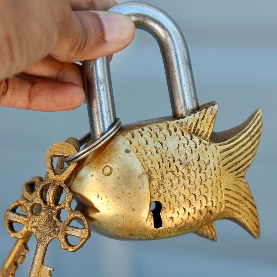 Vintage Fish Bronze Padlock Carved Antique rustic working lock key mid ...