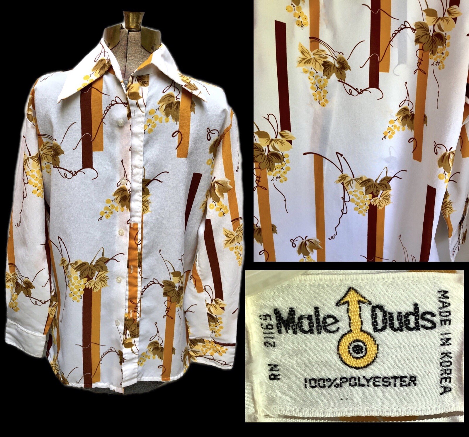VTG 1970s "Male Duds" Polyester Crepe GRAPE & TENDRIL Novelty Print ...