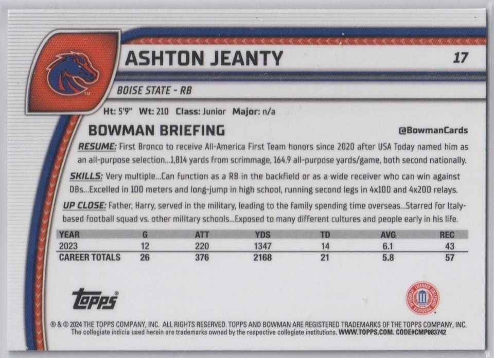 2024 Bowman Chrome University Ashton Jeanty #17 Base 1st Bowman RC ...