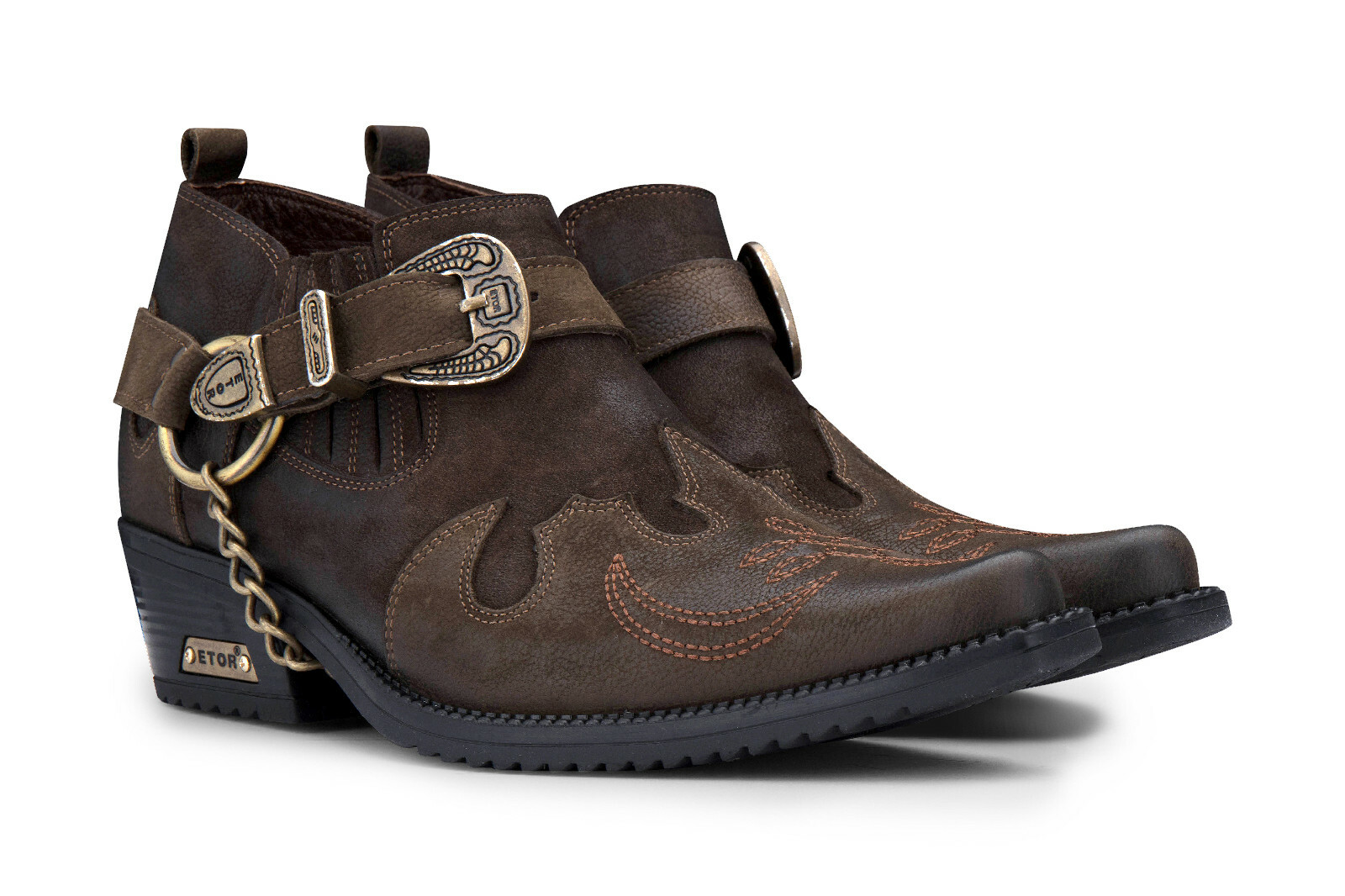 Men's Real Leather Western Shoes Brown Cuban Metal Chain Cowboy ...