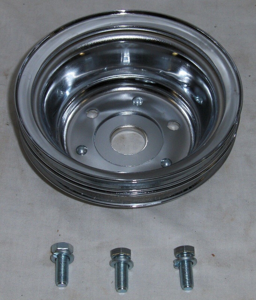 SBC Small Block Chevy 2 Groove Chrome Steel Long Water Pump Pulley Kit ...
